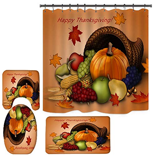 Jlong 4 Pcs Shower Curtain Sets with Non-Slip Rugs Toilet Lid Cover Bath Mat, Thanksgiving Day Halloween Maple Leaf Pumpkin Sunflowers Bathroom Decor Waterproof Fabric Bath Curtains with Hooks