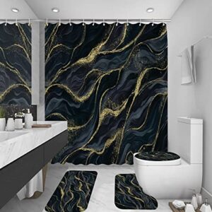 4pcs black marble shower curtain sets, dark grey gold wave bathroom curtain with toilet lid cover, contour mat and bath rug, abstract luxury night ripple marble modern bath decor with 12 hook, 72 x 72