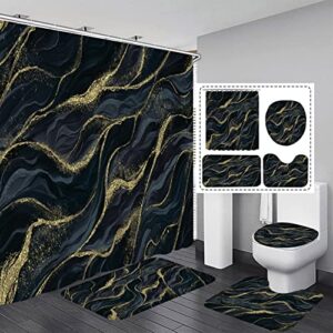 4Pcs Black Marble Shower Curtain Sets, Dark Grey Gold Wave Bathroom Curtain with Toilet Lid Cover, Contour Mat and Bath Rug, Abstract Luxury Night Ripple Marble Modern Bath Decor with 12 Hook, 72 x 72