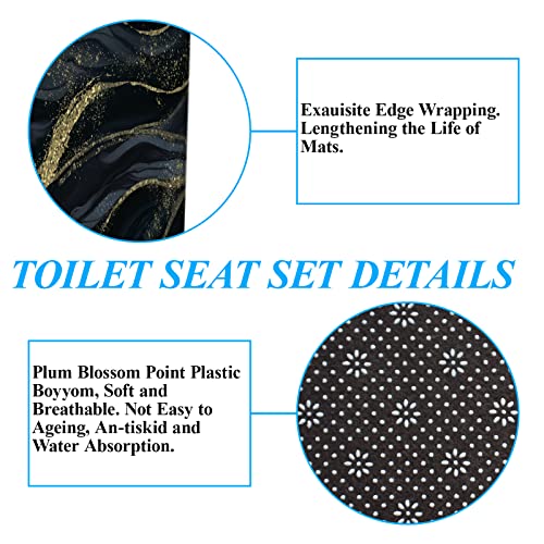 4Pcs Black Marble Shower Curtain Sets, Dark Grey Gold Wave Bathroom Curtain with Toilet Lid Cover, Contour Mat and Bath Rug, Abstract Luxury Night Ripple Marble Modern Bath Decor with 12 Hook, 72 x 72