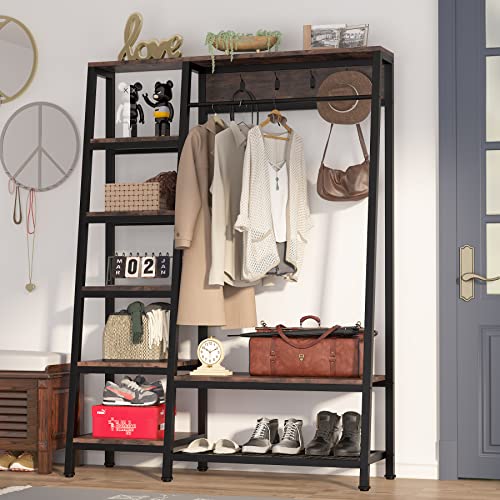 Tribesings 47 inches Clothes Closet, Free-standing Clothing Garment Rack with Shoe Bench and Storage Shelf, Industrial Entryway Hall Tree Rack with Hooks , Capacity Weight 350 lb