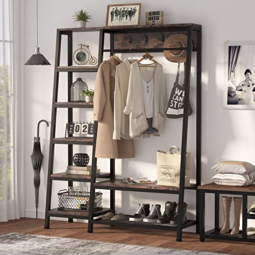 Tribesings 47 inches Clothes Closet, Free-standing Clothing Garment Rack with Shoe Bench and Storage Shelf, Industrial Entryway Hall Tree Rack with Hooks , Capacity Weight 350 lb