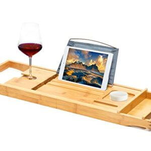 RoyalHouse Bamboo Bathtub Caddy Tray, Expandable Bath Table Over Tub with Glass Book, Adjustable Organizer Tray for Bathroom, Wine and Phone Holder, Ideal Gift for Family & Friends