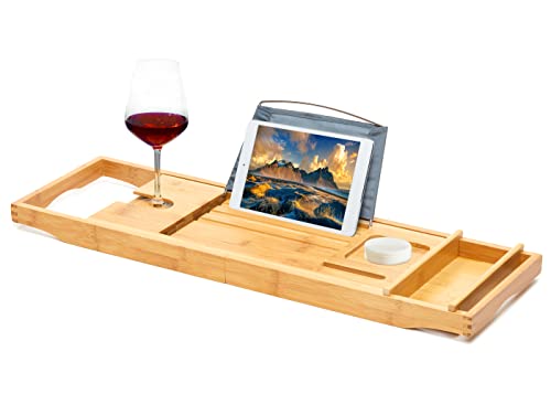 RoyalHouse Bamboo Bathtub Caddy Tray, Expandable Bath Table Over Tub with Glass Book, Adjustable Organizer Tray for Bathroom, Wine and Phone Holder, Ideal Gift for Family & Friends