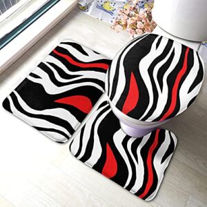 wondertify zebra bathroom antiskid pad animal skin tiger stripes black red white line 3 pieces bathroom rugs set, bath mat+contour+toilet lid cover monochrome