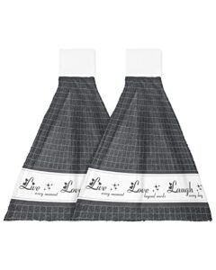 2 pack hanging kitchen hand towels, live love laugh grey hand tie towels with hanging loop, gray checkered wall art modern soft absorbent towels set for bathroom and kitchen