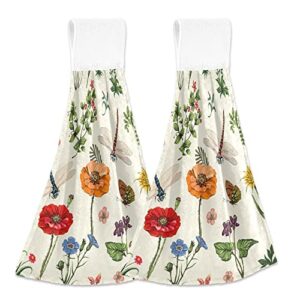 2pcs spring flowers dragonfly hanging kitchen towel summer botanical leaves floral hand towels soft coral velvet loop dish towel for bathroom washcloth absorbent tie towel