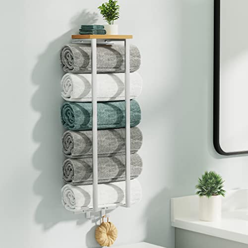 KES Towel Rack for Bathroom Wall Mounted with Bamboo Shelf, Towel Storage for Small Bathroom for Rolled Bath Towels, Towel Holder with 2 Hooks, SUS304 Stainless Steel Brushed Finish, BTR215-2