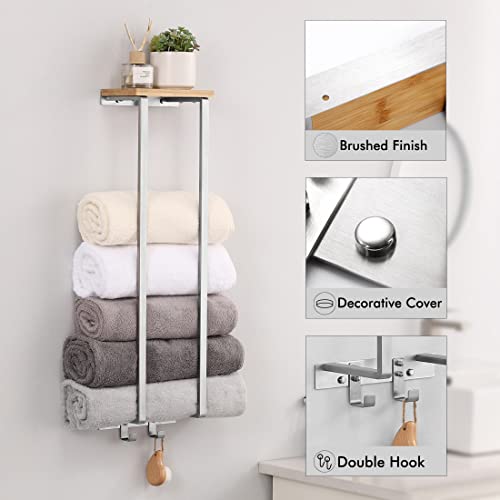 KES Towel Rack for Bathroom Wall Mounted with Bamboo Shelf, Towel Storage for Small Bathroom for Rolled Bath Towels, Towel Holder with 2 Hooks, SUS304 Stainless Steel Brushed Finish, BTR215-2