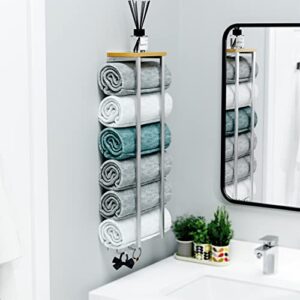 KES Towel Rack for Bathroom Wall Mounted with Bamboo Shelf, Towel Storage for Small Bathroom for Rolled Bath Towels, Towel Holder with 2 Hooks, SUS304 Stainless Steel Brushed Finish, BTR215-2