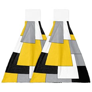 PIEPLE 2 PCS Kitchen Hand Towels, Irregular Geo Color Block Soft Plush Hanging Tie Towels with Loop for Kitchen Bathroom Dish Cloth Tea Bar Towel Yellow Black White Grey Abstract Modern