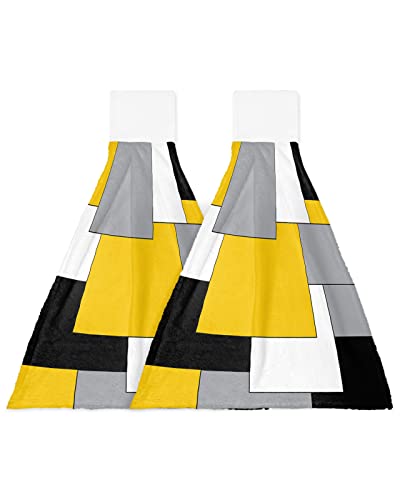 PIEPLE 2 PCS Kitchen Hand Towels, Irregular Geo Color Block Soft Plush Hanging Tie Towels with Loop for Kitchen Bathroom Dish Cloth Tea Bar Towel Yellow Black White Grey Abstract Modern