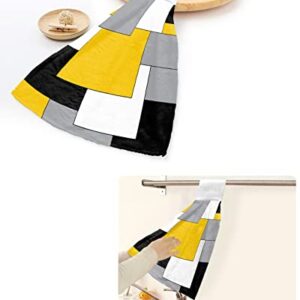 PIEPLE 2 PCS Kitchen Hand Towels, Irregular Geo Color Block Soft Plush Hanging Tie Towels with Loop for Kitchen Bathroom Dish Cloth Tea Bar Towel Yellow Black White Grey Abstract Modern