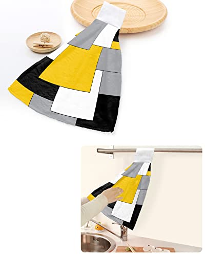 PIEPLE 2 PCS Kitchen Hand Towels, Irregular Geo Color Block Soft Plush Hanging Tie Towels with Loop for Kitchen Bathroom Dish Cloth Tea Bar Towel Yellow Black White Grey Abstract Modern