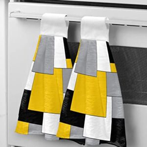 PIEPLE 2 PCS Kitchen Hand Towels, Irregular Geo Color Block Soft Plush Hanging Tie Towels with Loop for Kitchen Bathroom Dish Cloth Tea Bar Towel Yellow Black White Grey Abstract Modern