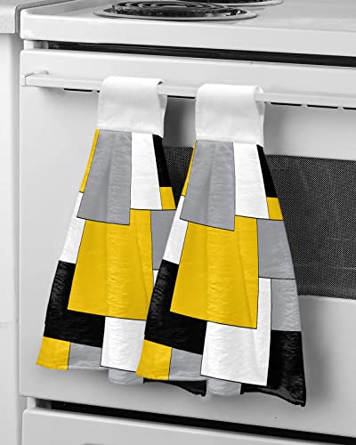 PIEPLE 2 PCS Kitchen Hand Towels, Irregular Geo Color Block Soft Plush Hanging Tie Towels with Loop for Kitchen Bathroom Dish Cloth Tea Bar Towel Yellow Black White Grey Abstract Modern