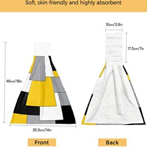 PIEPLE 2 PCS Kitchen Hand Towels, Irregular Geo Color Block Soft Plush Hanging Tie Towels with Loop for Kitchen Bathroom Dish Cloth Tea Bar Towel Yellow Black White Grey Abstract Modern