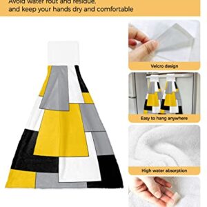 PIEPLE 2 PCS Kitchen Hand Towels, Irregular Geo Color Block Soft Plush Hanging Tie Towels with Loop for Kitchen Bathroom Dish Cloth Tea Bar Towel Yellow Black White Grey Abstract Modern