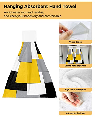 PIEPLE 2 PCS Kitchen Hand Towels, Irregular Geo Color Block Soft Plush Hanging Tie Towels with Loop for Kitchen Bathroom Dish Cloth Tea Bar Towel Yellow Black White Grey Abstract Modern