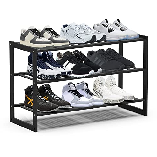 Bamboo Shoe Rack for Closet, 3-Tier Dampproof Shoe Organizer Free Standing Shoe Racks for Entryway and Closet Hallway Black Waterproof Shoe Storage Organizer for Indoor Outdoor (Black, 3-Tiers)