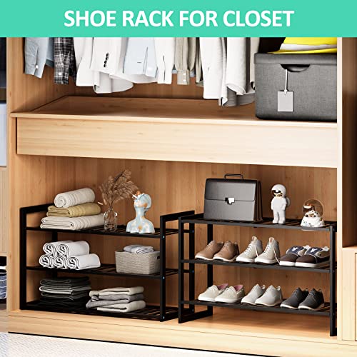 Bamboo Shoe Rack for Closet, 3-Tier Dampproof Shoe Organizer Free Standing Shoe Racks for Entryway and Closet Hallway Black Waterproof Shoe Storage Organizer for Indoor Outdoor (Black, 3-Tiers)