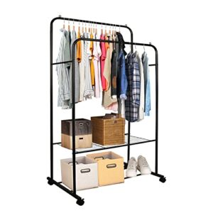 befacai clothing garment rack with shelves, upgraded length cloth hanger rack stand on wheels, clothes drying rack with two rod (31.5“ black)