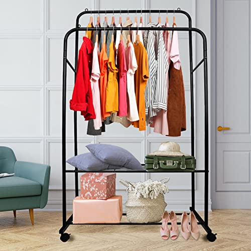 befacai Clothing Garment Rack with Shelves, Upgraded Length Cloth Hanger Rack Stand on Wheels, Clothes Drying Rack with Two Rod (31.5“ Black)