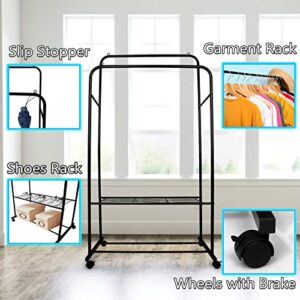 befacai Clothing Garment Rack with Shelves, Upgraded Length Cloth Hanger Rack Stand on Wheels, Clothes Drying Rack with Two Rod (31.5“ Black)