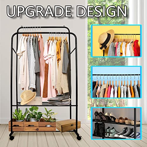 befacai Clothing Garment Rack with Shelves, Upgraded Length Cloth Hanger Rack Stand on Wheels, Clothes Drying Rack with Two Rod (31.5“ Black)