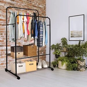 befacai Clothing Garment Rack with Shelves, Upgraded Length Cloth Hanger Rack Stand on Wheels, Clothes Drying Rack with Two Rod (31.5“ Black)