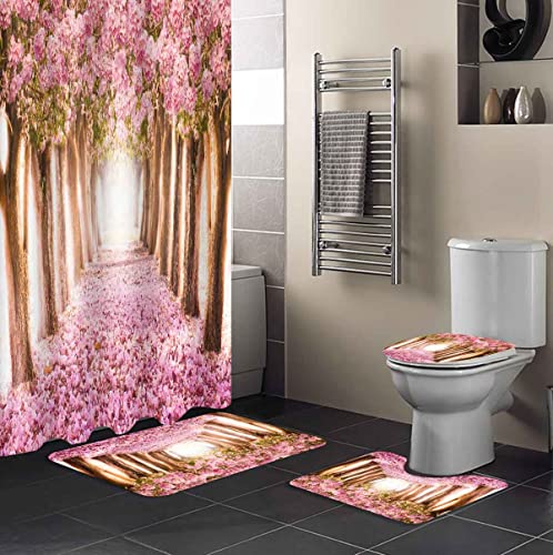 SDDSER Pink Cherry Blossom Shower Curtain Set, 4PCS Sakura Forest Bathroom Sets with Shower Curtain and Bath Mat, Toilet Lid Cover and U Shaped Rugs, 71" x 72" Bathtub Curtain with Hooks, SETPYSD7