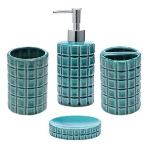 jotom ceramic bath accessory set,luxury bathroom accessories set - 4 pieces with decorative hand sanitizer bottle,toothbrush cup,toothbrush holder,soap dish (dark green square lattice)