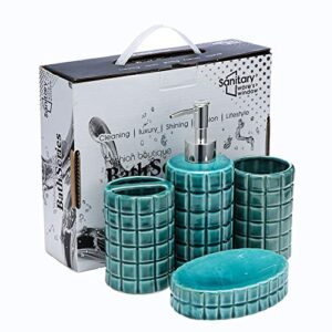 JOTOM Ceramic Bath Accessory Set,Luxury Bathroom Accessories Set - 4 Pieces with Decorative Hand Sanitizer Bottle,Toothbrush Cup,Toothbrush Holder,Soap Dish (Dark Green Square Lattice)