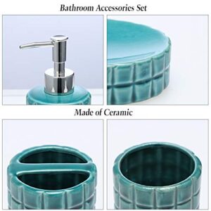 JOTOM Ceramic Bath Accessory Set,Luxury Bathroom Accessories Set - 4 Pieces with Decorative Hand Sanitizer Bottle,Toothbrush Cup,Toothbrush Holder,Soap Dish (Dark Green Square Lattice)