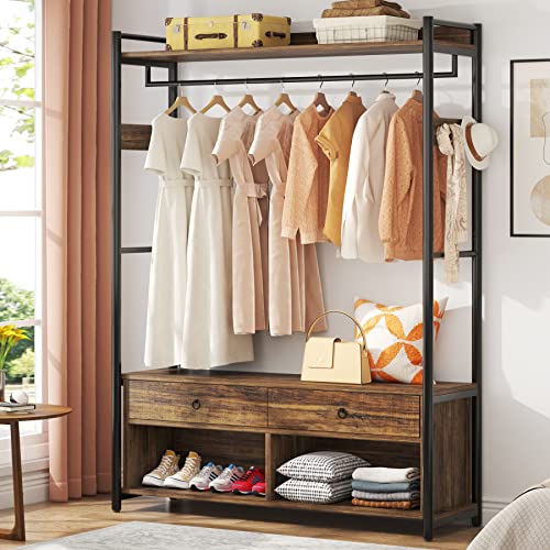 Tribesigns 72 inches Freestanding Clothes Rack with Drawers and shelves,Industrial Closet Organizer with Shelf and Hooks,Heavy Duty Garment Clothing Rack for hanging clothes,Bedroom(Rustic Brown)