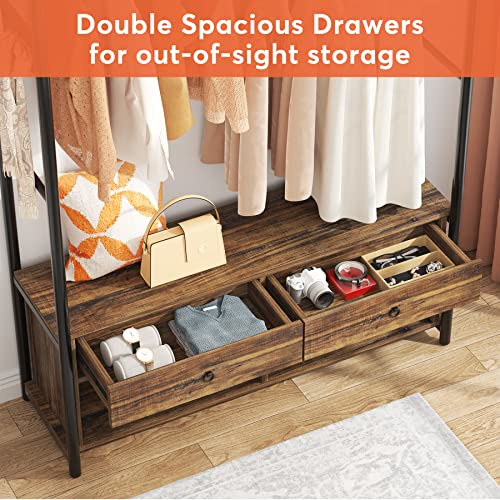 Tribesigns 72 inches Freestanding Clothes Rack with Drawers and shelves,Industrial Closet Organizer with Shelf and Hooks,Heavy Duty Garment Clothing Rack for hanging clothes,Bedroom(Rustic Brown)