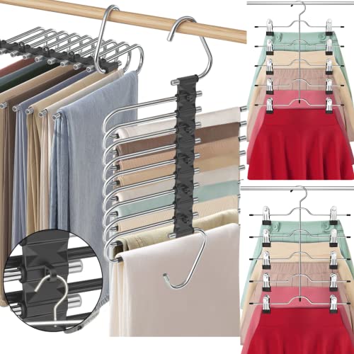 2 Pack Upgrade 9 Layers Pants Jeans Hangers Space Saving+2 Pack Skirt Hangers Stainless Steel Multifunctional Clothes Pant Rack Dorm Room Essentials Closet Hanger Organizer for Pants Trousers Skirts