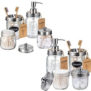 4 pcs & 4 pcs brushed nickel mason jar bathroom accessories set- lotion soap dispenser*2, regular mouth qtip holder set*2,wide mouth cotton swab holder*2,toothbrush holder*2,rustic farmhouse decor