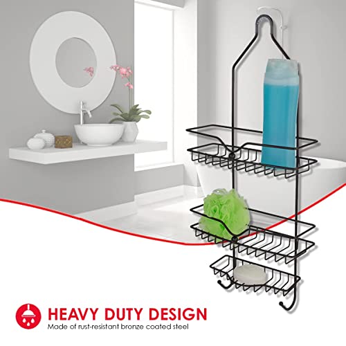 Home Basics Classic 2 Shelf Shower Caddy with Bottom Hooks and Center Soap Dish Tray, Bronze