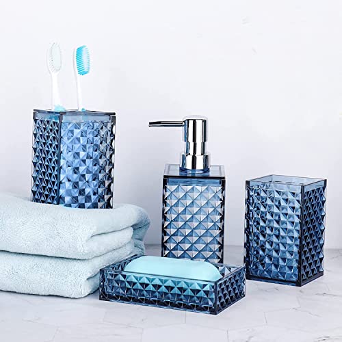 Blue Bathroom Accessories Set(4pcs), Multifunction Vanity Countertop Plastic Accessory Kit, Toothbrush Holder, Toothbrush Cup,Including Soap Dispenser, Soap Dish for Housewarming Gift (Blue)