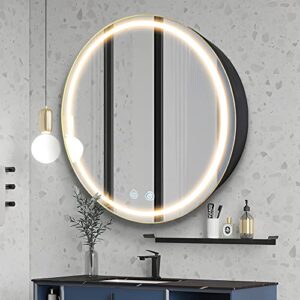 janboe 30 inch round medicine cabinet with lights,led medicine cabinet with defogger,illuminated mirror cabinet for bathroom,dimmable,defogger,3 color temperature 3000k-6500k black