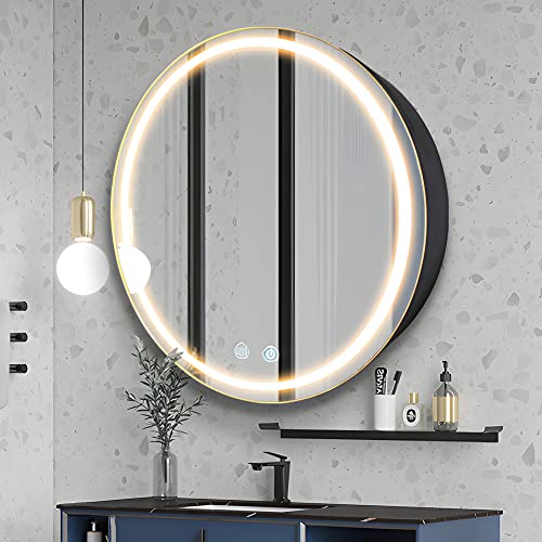 Janboe 30 inch Round Medicine Cabinet with Lights,Led Medicine Cabinet with Defogger,Illuminated Mirror Cabinet for Bathroom,Dimmable,Defogger,3 Color Temperature 3000k-6500k Black