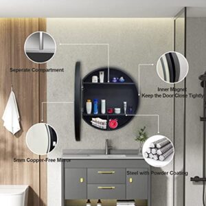 Janboe 30 inch Round Medicine Cabinet with Lights,Led Medicine Cabinet with Defogger,Illuminated Mirror Cabinet for Bathroom,Dimmable,Defogger,3 Color Temperature 3000k-6500k Black