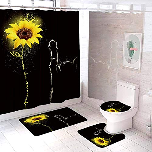 4Pcs Sunflower and Cat Shower Curtain Set with Non-Slip Rugs and Toilet Lid Cover Kitty Kitten Flower Black Background Fabric Shower Curtain Bathroom Decor with Hooks Waterproof Washable 72"x 72"