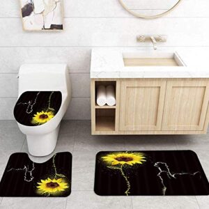 4Pcs Sunflower and Cat Shower Curtain Set with Non-Slip Rugs and Toilet Lid Cover Kitty Kitten Flower Black Background Fabric Shower Curtain Bathroom Decor with Hooks Waterproof Washable 72"x 72"