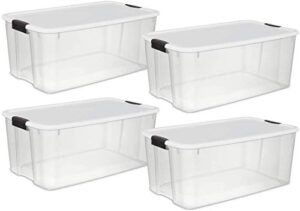 sterilite storage system solution with 116 quart clear stackable storage box organization containers with white latching lid, 8 pack