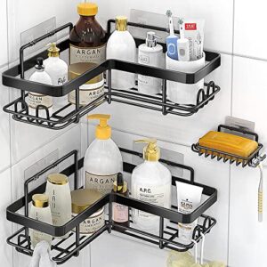 moforoco 3 pack adhesive corner shower caddy, shower organizer shelf with soap holder and 12 hooks, shower shelves rustproof for bathroom, shower storage basket, shower shelf for inside shower