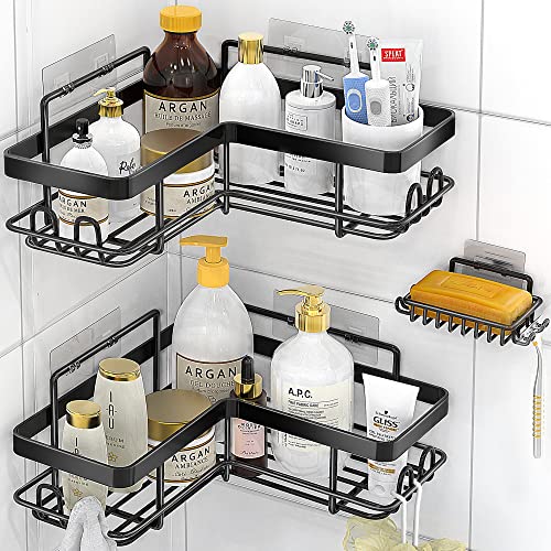 Moforoco 3 Pack Adhesive Corner Shower Caddy, Shower Organizer Shelf with Soap Holder and 12 Hooks, Shower Shelves Rustproof for Bathroom, Shower Storage Basket, Shower Shelf for Inside Shower