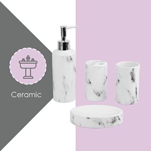 Home Basics Marble Design Look, Ceramic 4-Piece Durable Bath Accessory Set, includes Lotion Dispenser, Soap Dish, Tumbler, Toothbrush Holder