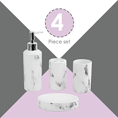 Home Basics Marble Design Look, Ceramic 4-Piece Durable Bath Accessory Set, includes Lotion Dispenser, Soap Dish, Tumbler, Toothbrush Holder